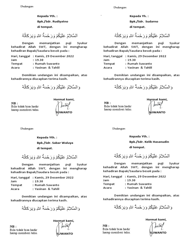 Undangan Yasinan Tanpa KOP | PDF
