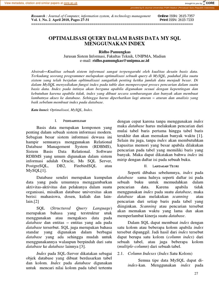 Optimalisasi Query Dalam Basis Data My SQL Menggunakan Index | PDF ...