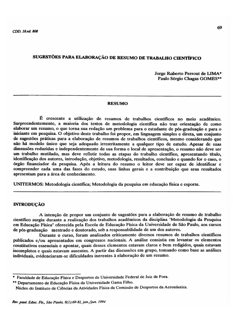 Sugestões Para Elaboração De Resumo De Trabalho Científico Pdf