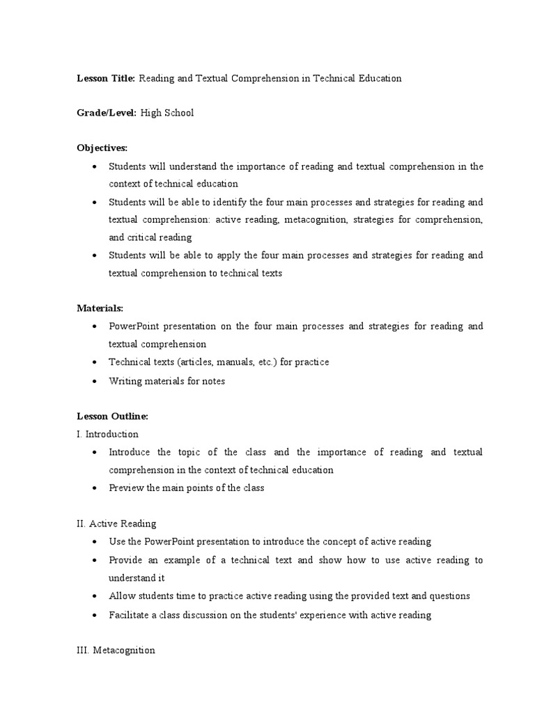 Lesson Plan | PDF | Reading Comprehension | Metacognition