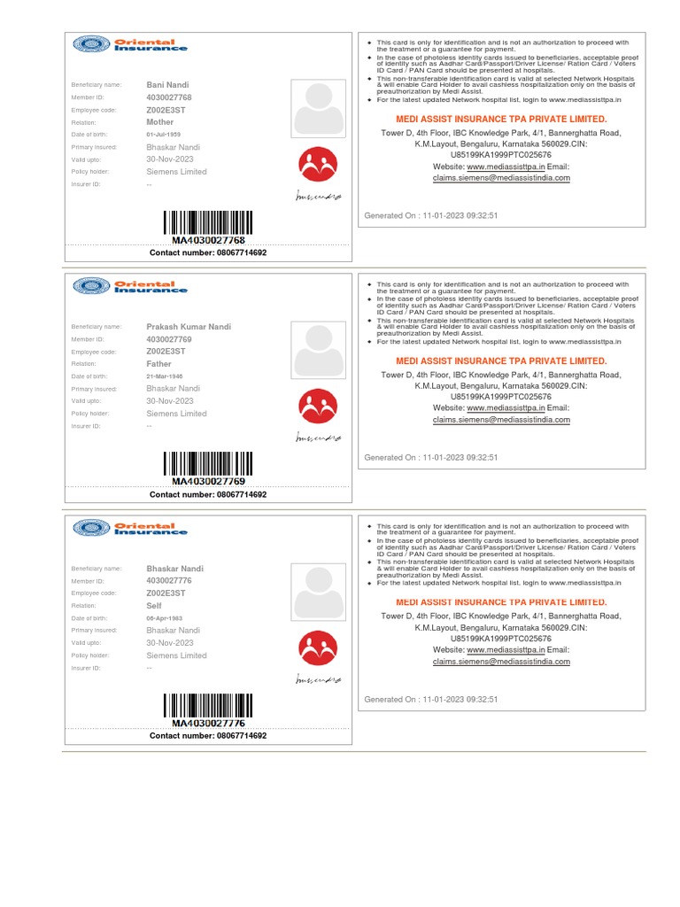 Insurance Identification Cards for Bhaskar Nandi and Family Members ...