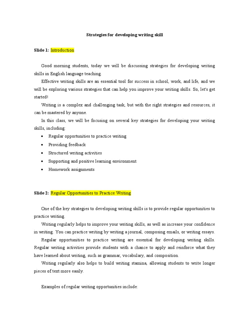 Script Strategies For Developing Writing Skill | PDF | Learning | Homework