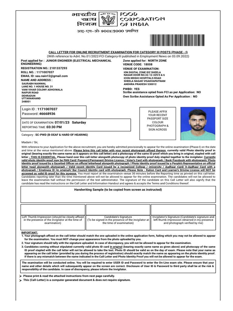 FCI Category III Exam Call Letter | PDF | Identity Document