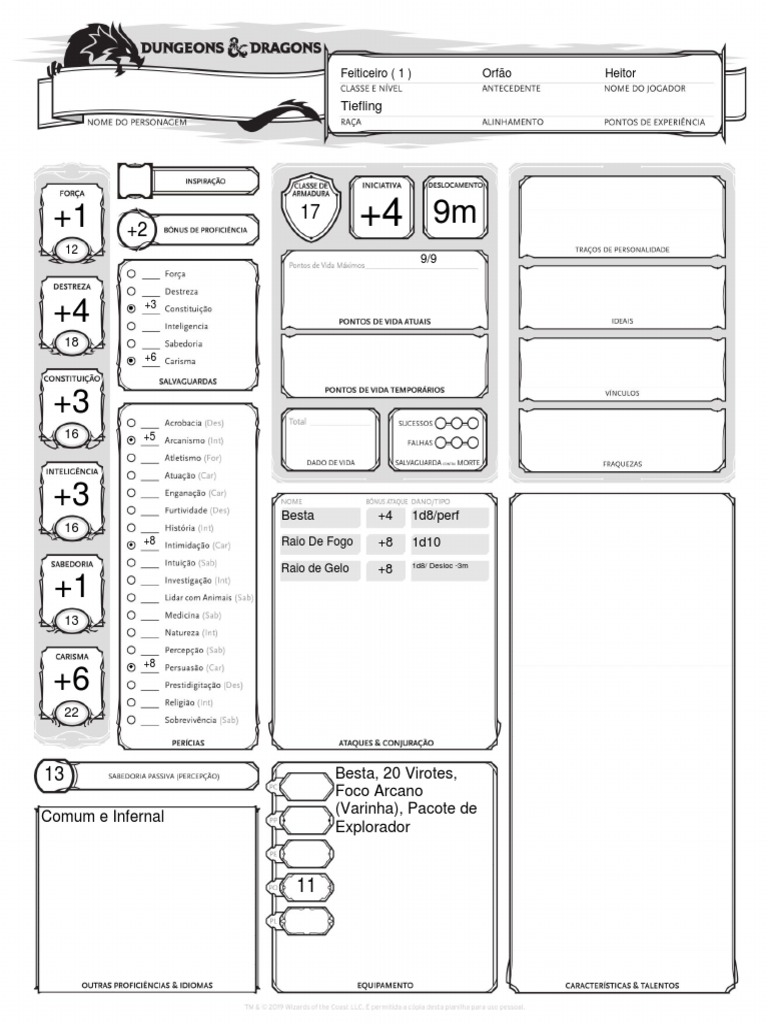 Ficha Editável de D&D 5E para Feiticeiro | PDF