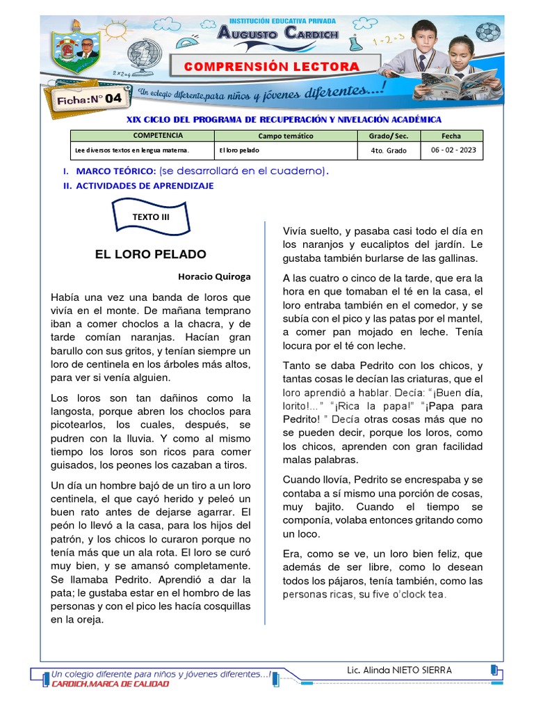 Comprensión Lectora: El Loro Pelado | PDF