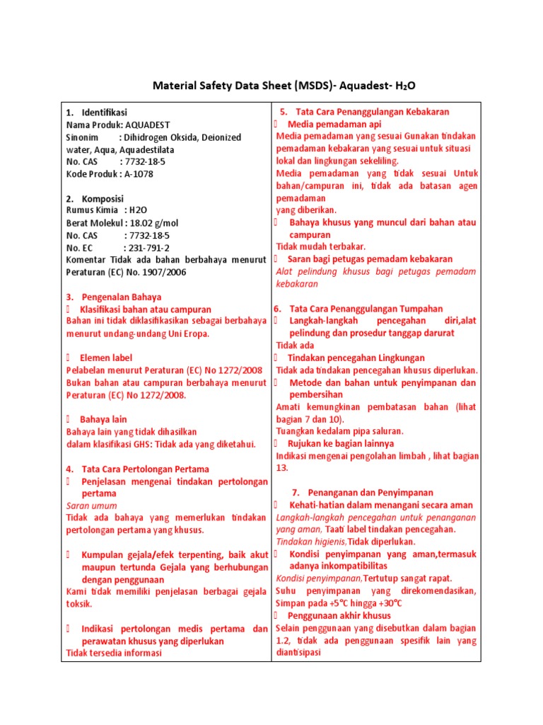 MSDS Aquades - H2o | PDF