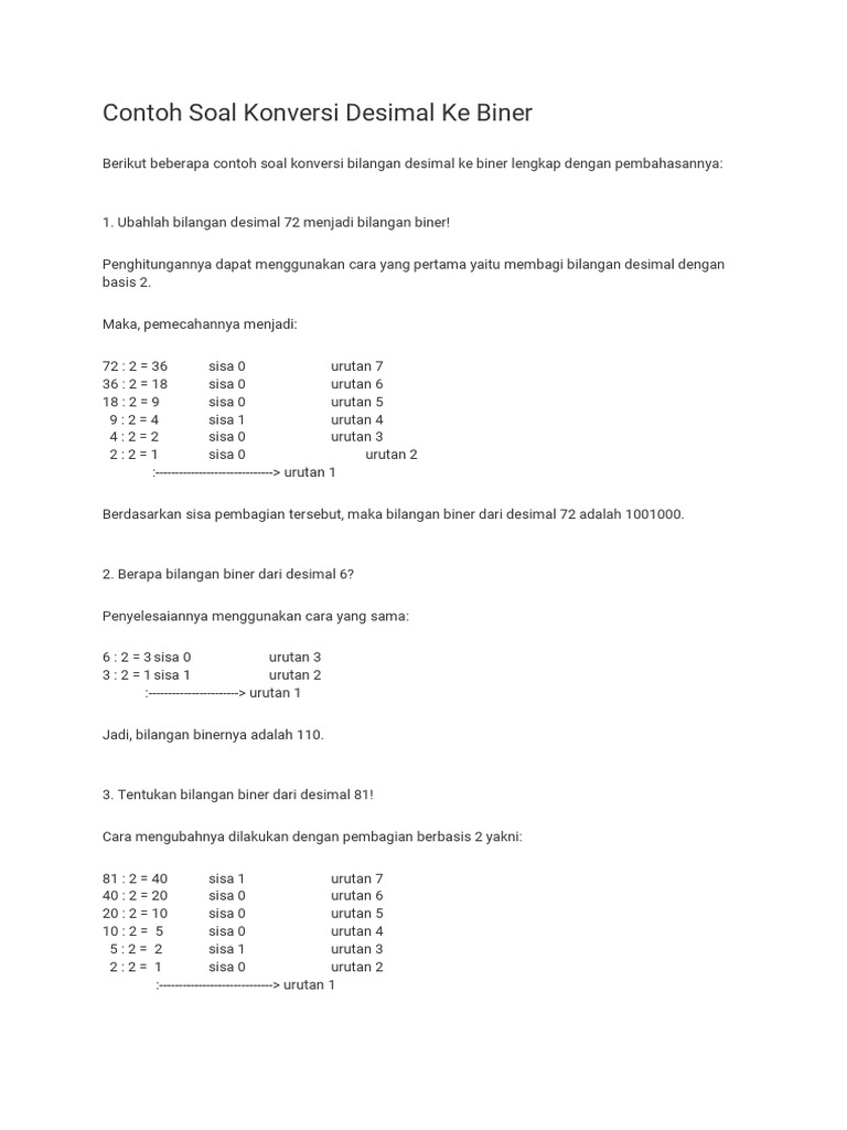 Contoh Soal Konversi Desimal Ke Biner | PDF