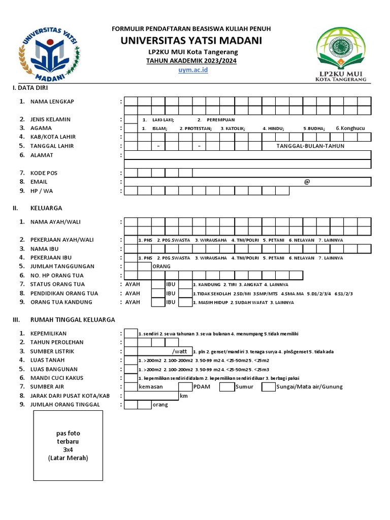 Form Pendaftaran Beasiswa Uym & Mui-1 | PDF