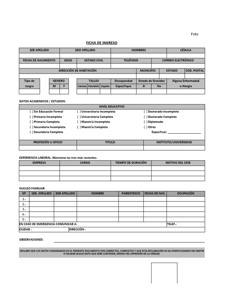 Formato Ficha de Ingreso | PDF