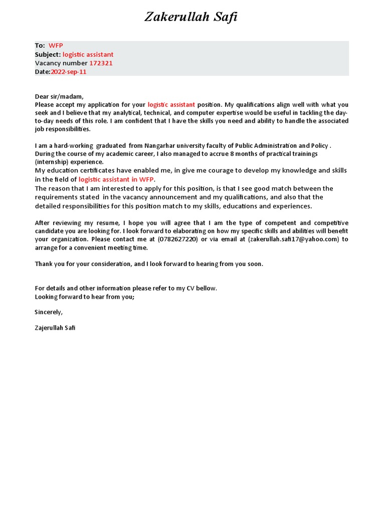 Zakerullah Safi Cover Letter For WFP | PDF