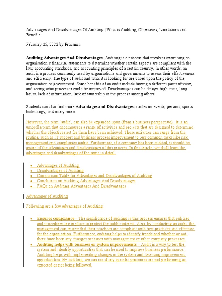 Advantages and Disadvantages of Auditing | PDF
