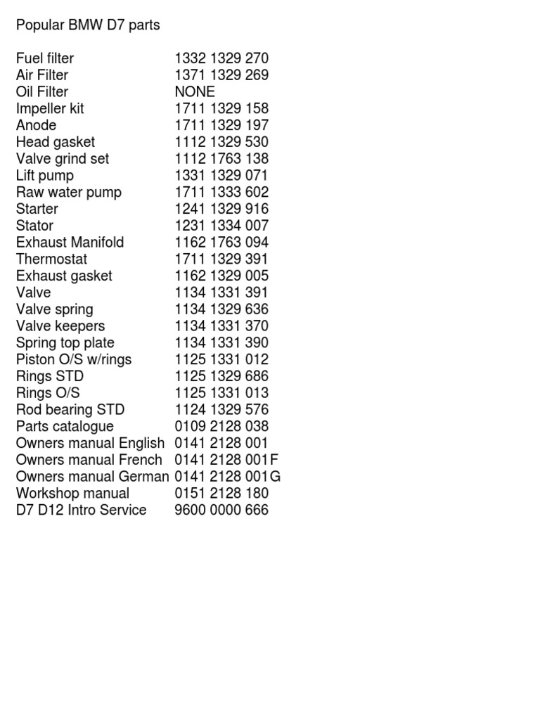 BMW Engine D7 Diesel - Parts List | PDF