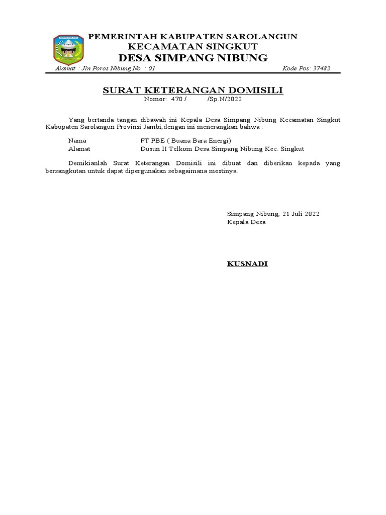 Surat Keterangan Domisili Sarolangun | PDF