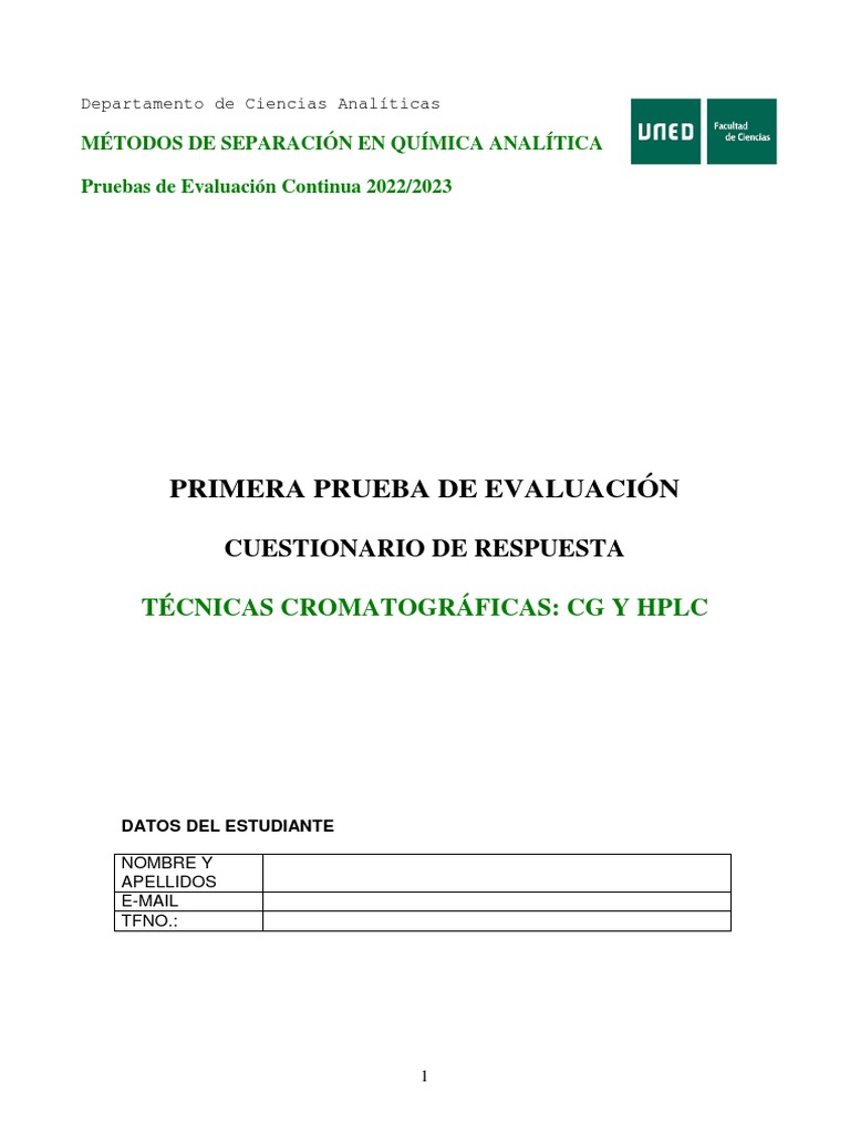 Cuestionario Pec1 22 23 | PDF | Cromatografía | Cromatografía líquida de alto rendimiento