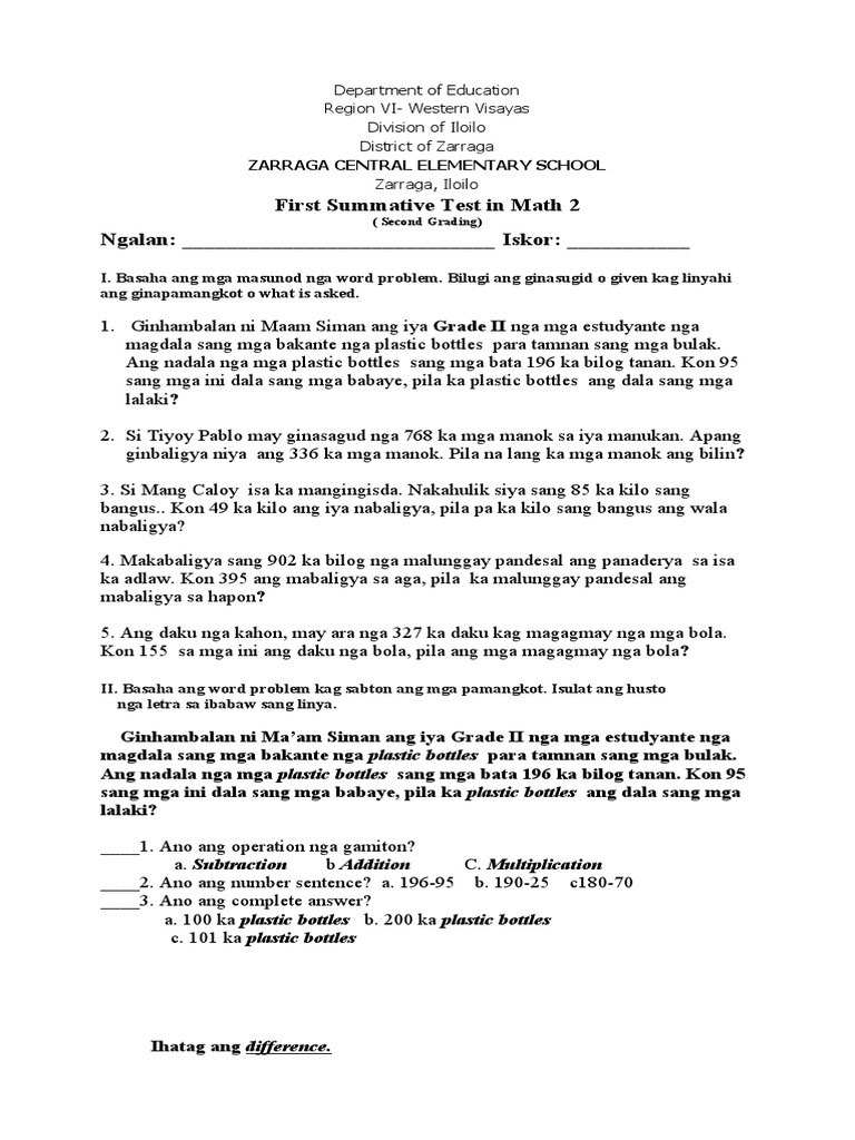 First Summative Test in Math 22ND Grading | PDF
