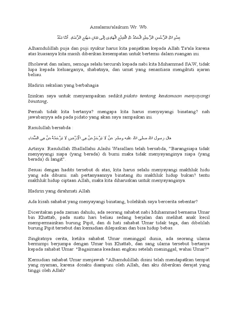 Teks Pidato Islami Keutamaan Menyayangi Binatang | PDF