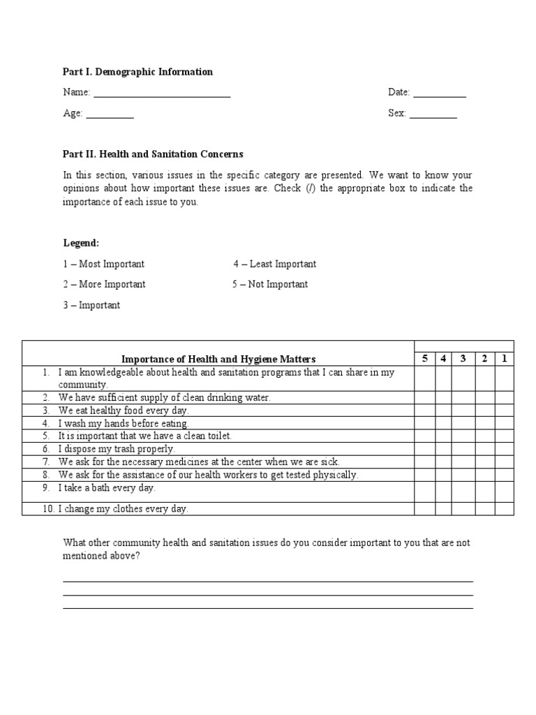 Questionnaire English | Download Free PDF | Sanitation | Hygiene