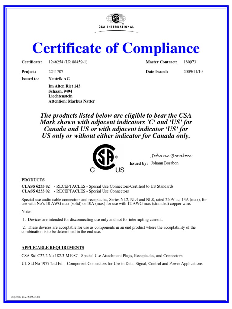 CSA Compliance Certificate for Neutrik AG | PDF