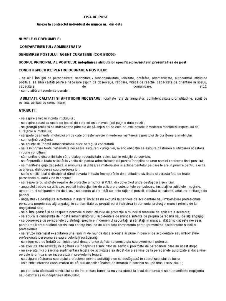 Fisa Post Ag Curatenie | PDF
