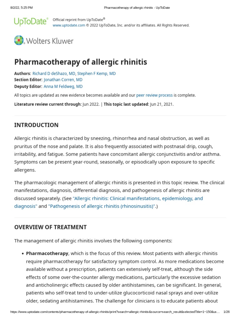 Pharmacotherapy of Allergic Rhinitis - UpToDate | PDF | Allergy | Allergen