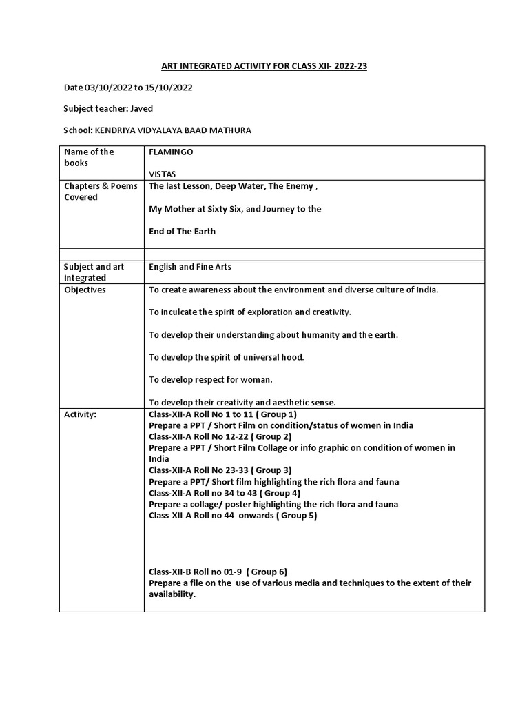 Art Integrated Project For Class Xii-22-23 | PDF | The Arts