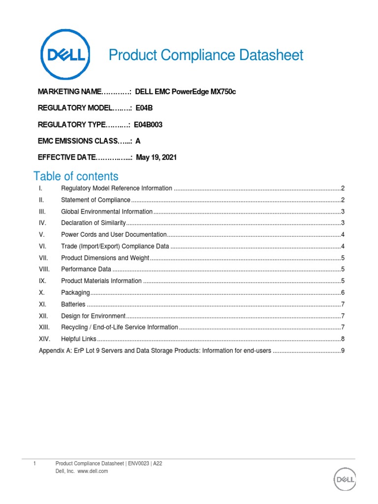 Dell Emc Poweredge Mx750c E04b E04b003 Dell Regulatory and Environmental Datasheet En-Us | PDF ...