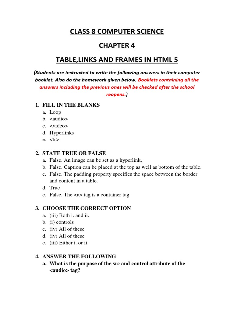 Class 8 Computer Science CHAPTER 4 (Frames, Table and Frames in HTML 5) | PDF | Html Element ...