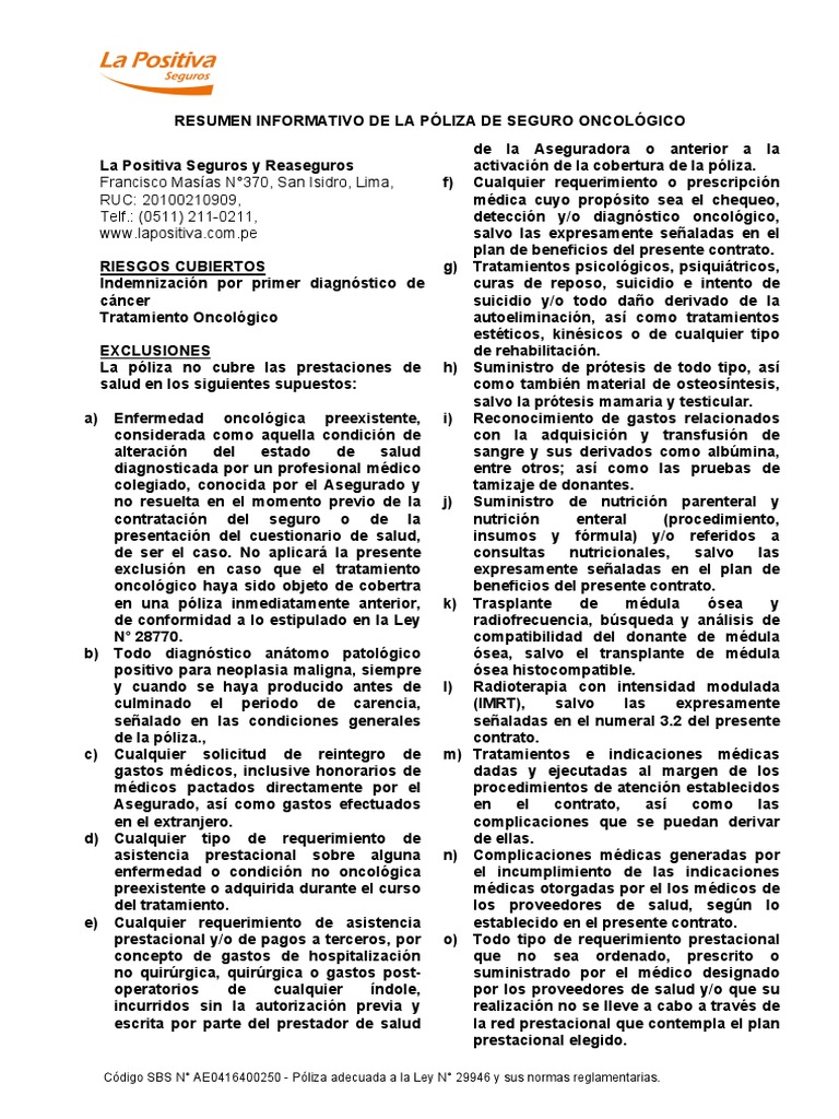 Resumen Informativo - Seguro Oncológico Oncomax | PDF | Seguro ...