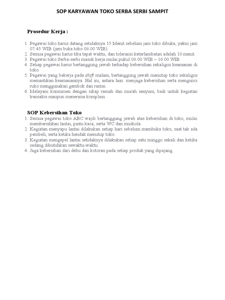 SOP Karyawan Toko Serba Serbi Sampit | PDF