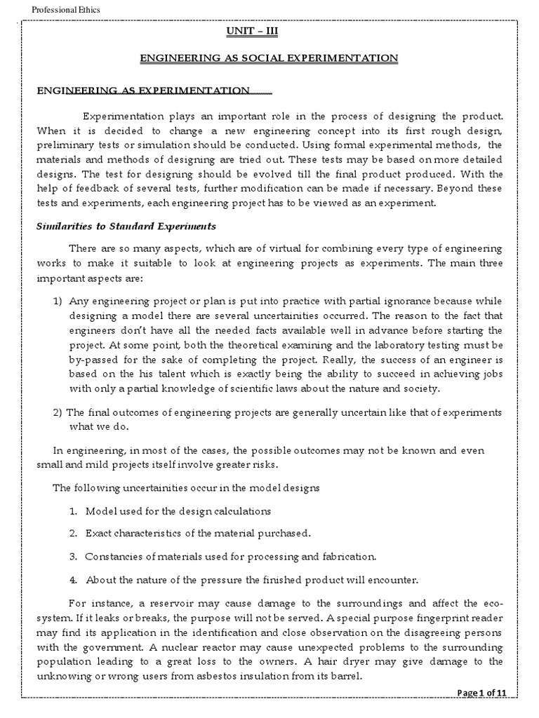 Unit - Iii Engineering As Social Experimentation Engineering As ...