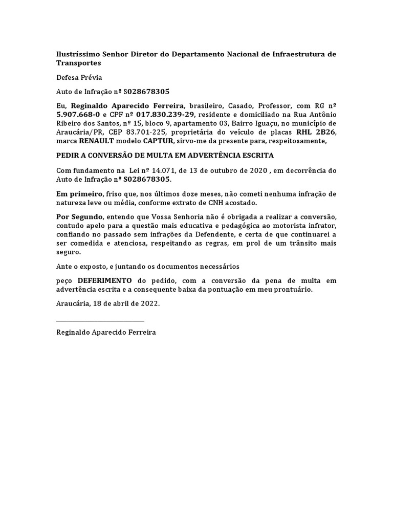Modelo Pedido de Conversao de Multa em Advertencia Escrita | PDF Modelo Pedido de Conversao de Multa em Advertencia Escrita | PDF
