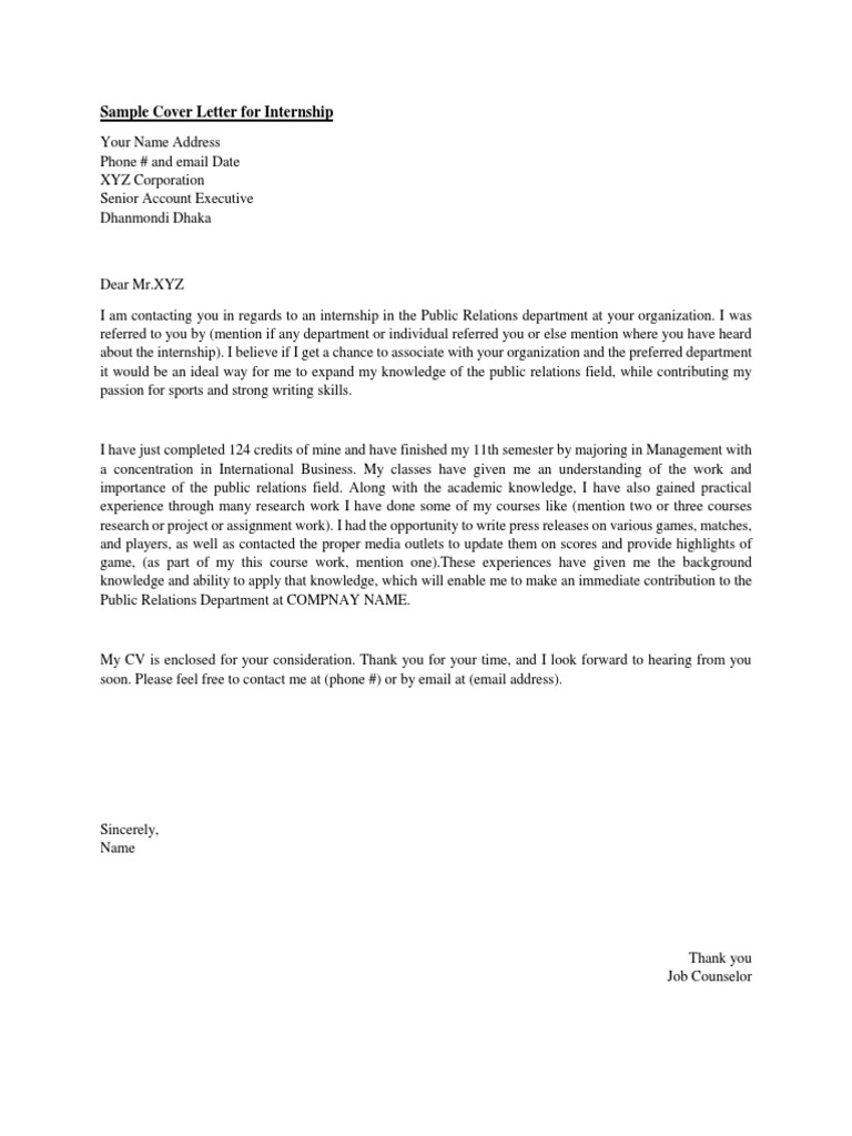 Sample Cover Letter Internship Purpose | PDF