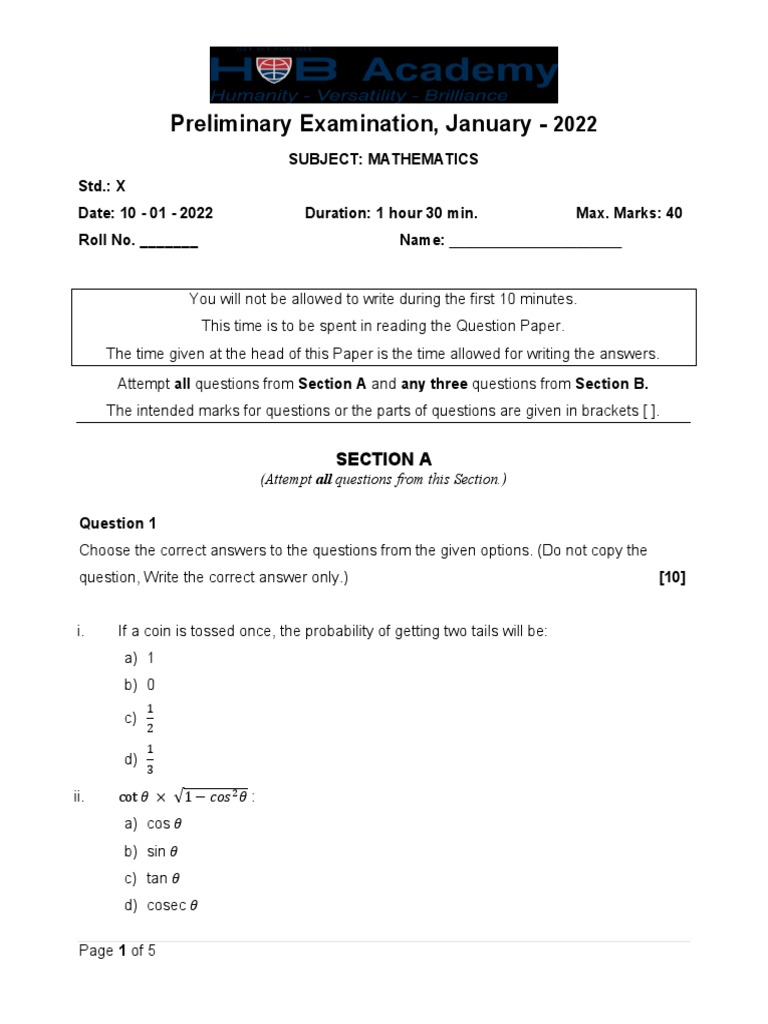 Analysis of a Mathematics Preliminary Examination: Annotated Questions ...