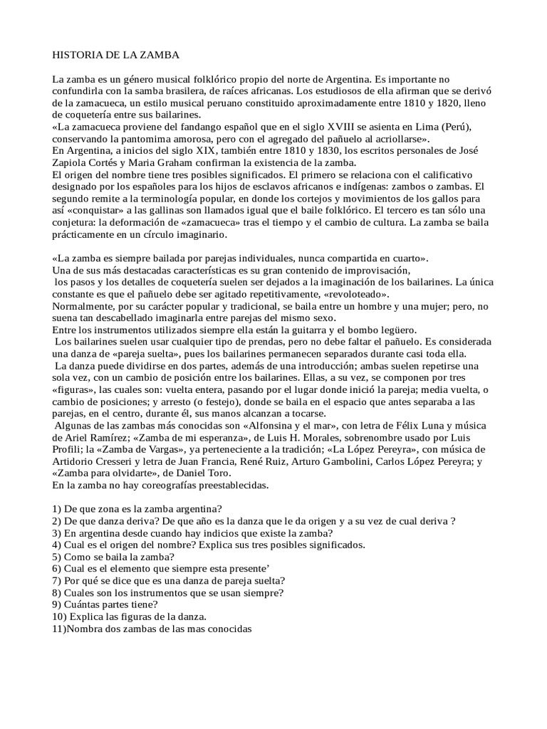 Historia de La Zamba | PDF | Bailes | Las artes escénicas