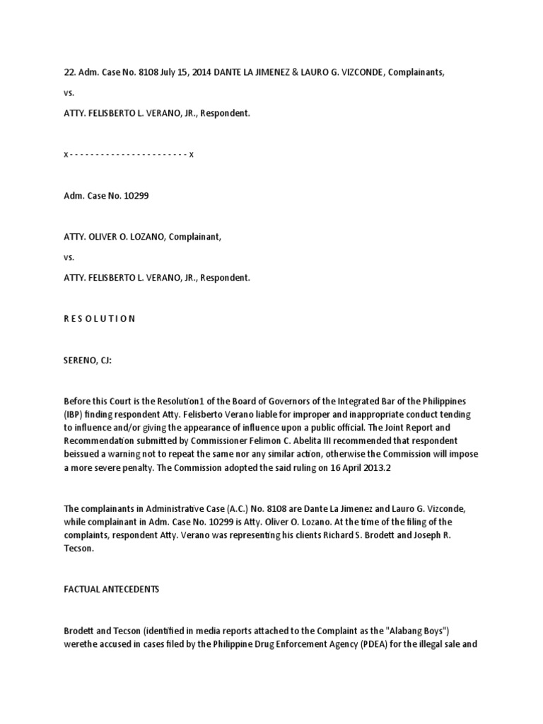 Adm. Case No. 8108 July 15, 2014 Dante La Jimenez & Lauro G. Vizconde ...