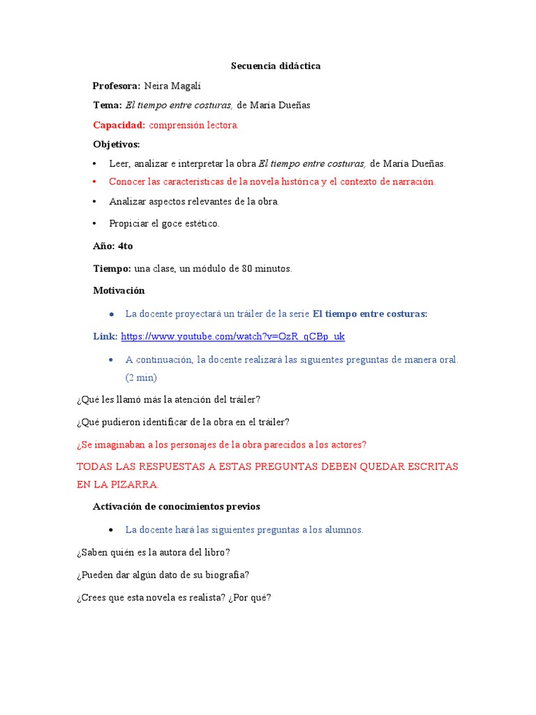 Secuencia Didáctica-El Tiempo Entre Costuras. | PDF | Novelas