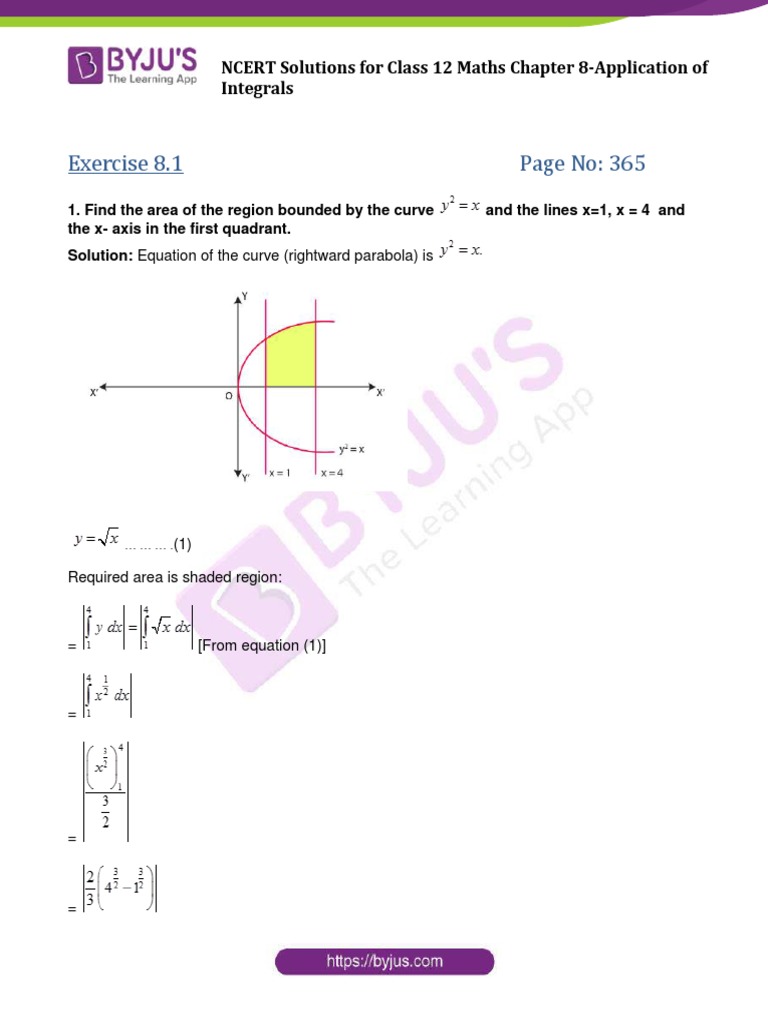 NCERT Solutions For Class 12 Maths Chapter 8 Application of Integrals Excercise 8.1 | PDF ...