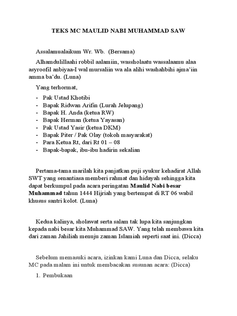 Teks MC Maulid Nabi Muhammad Saw | PDF