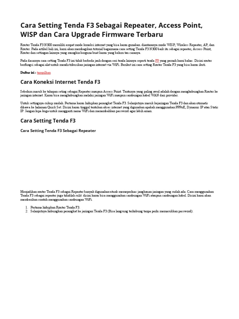 Cara Setting Tenda F3 Sebagai Repeater | PDF
