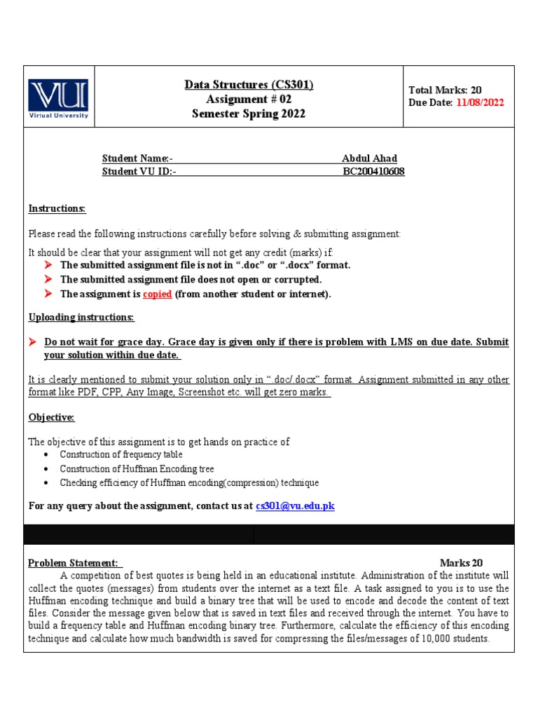 Huffman Encoding Assignment CS301 | PDF | Code | Bit