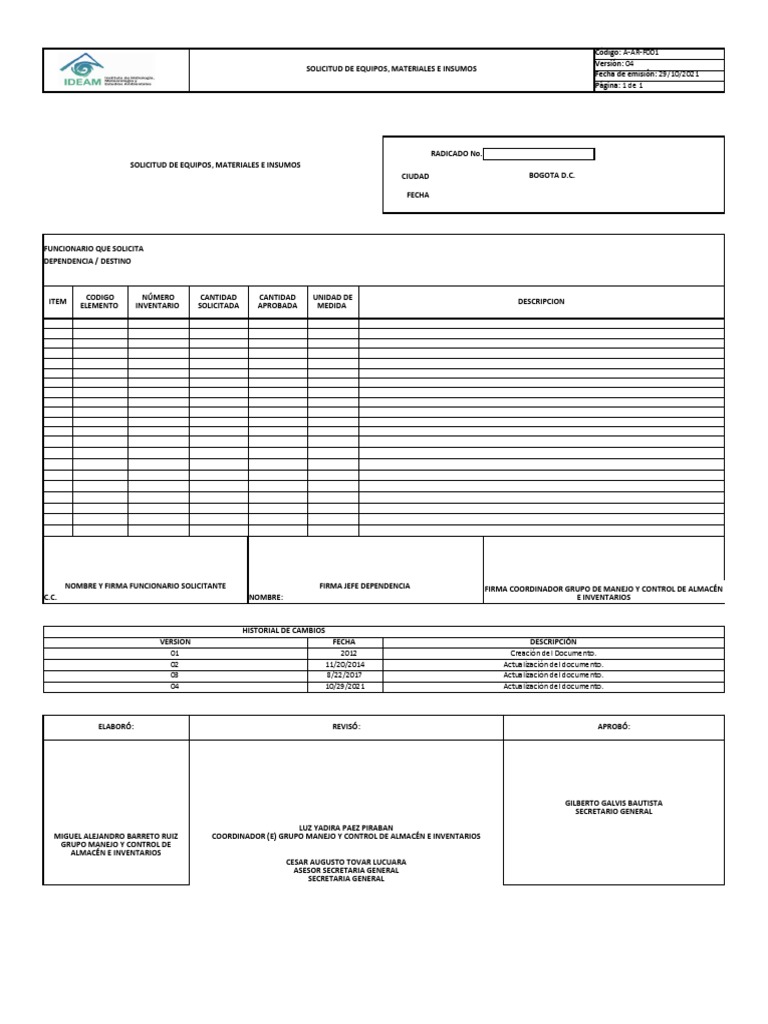 A-Ar-f001 Formato Solicitud de Equipos, Materiales e Insumos v4 | PDF