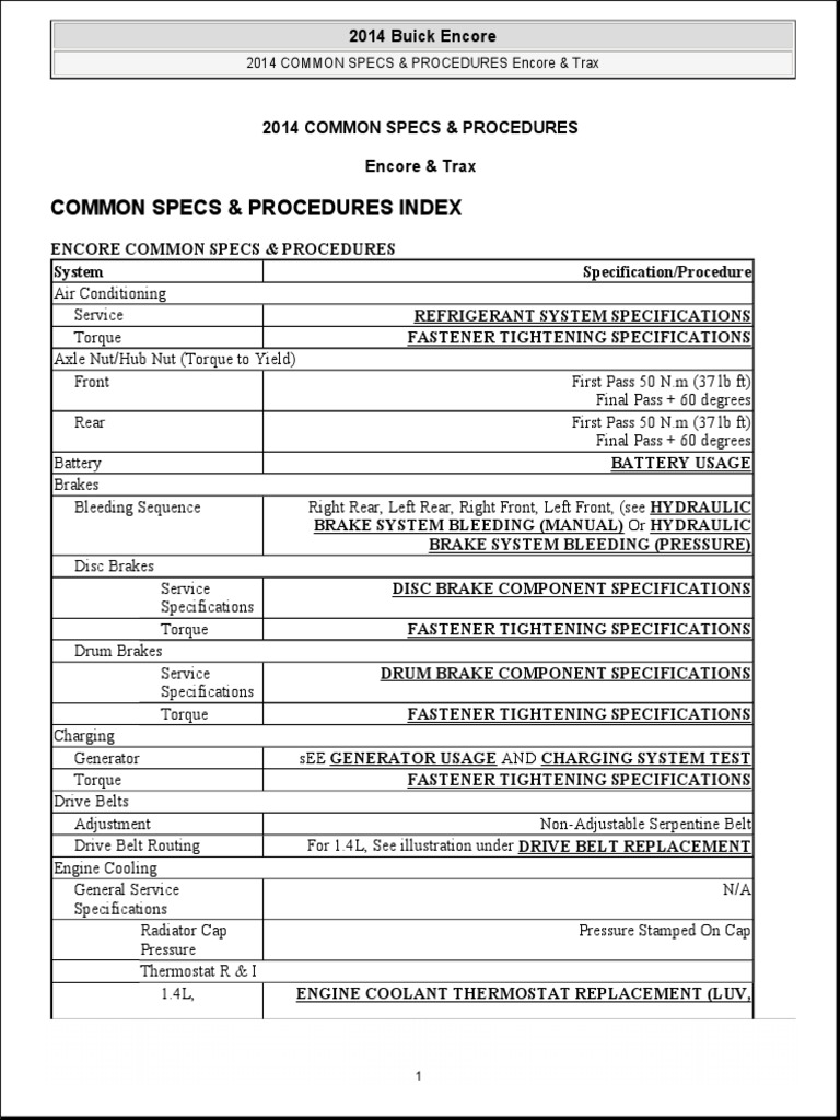 2014 Common Specs & Procedures Encore & Trax | PDF | Ignition System ...