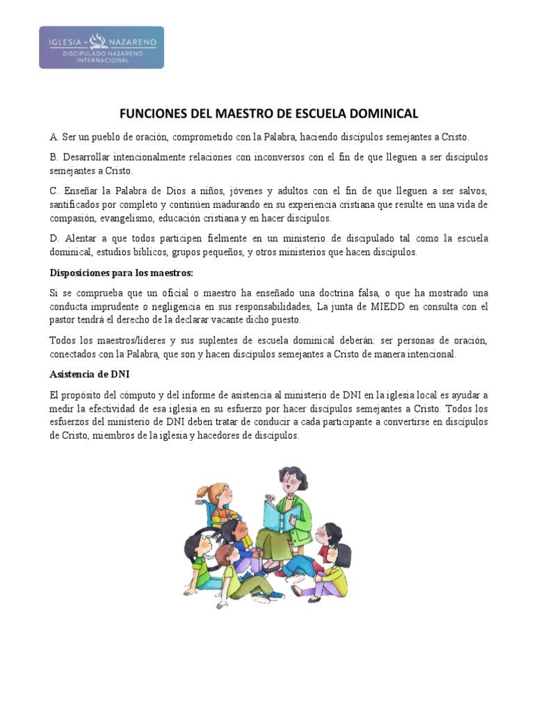 FUNCIONES DEL MAESTRO DE ESCUELA DOMINICAL | PDF | Iglesia cristiana | Escuela dominical
