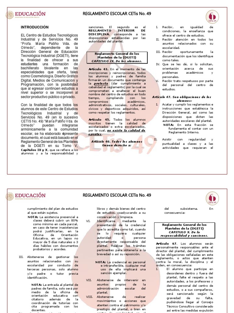 Reglamento Escolar Cetis 49 2023 | PDF | Evaluación | Maestros