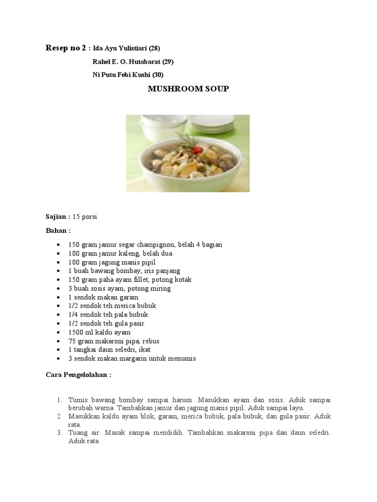 Resep Rekapan Mushroom Soup | PDF