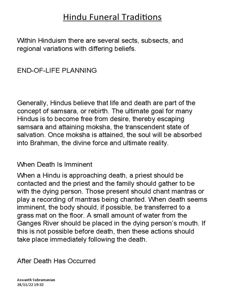 Hindu Funeral Traditions | PDF | Cremation | Moksha