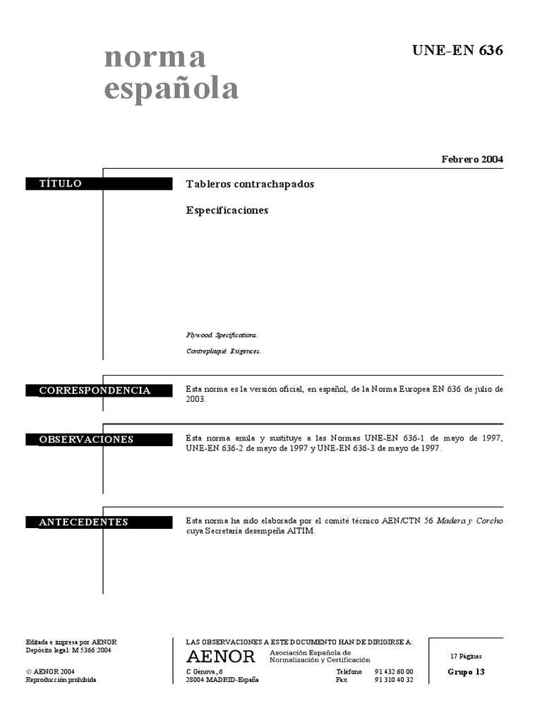 Tableros Contrachapados - Especificaciones-UNE-EN 636 | PDF | Madera | Madera contrachapada