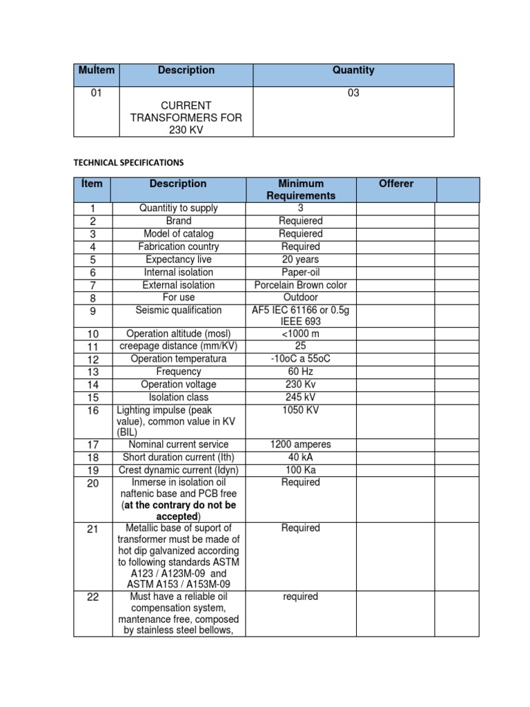 230KV CURRENT TRANSFORMER SPECIFICATIONS | PDF | Volt | Transformer