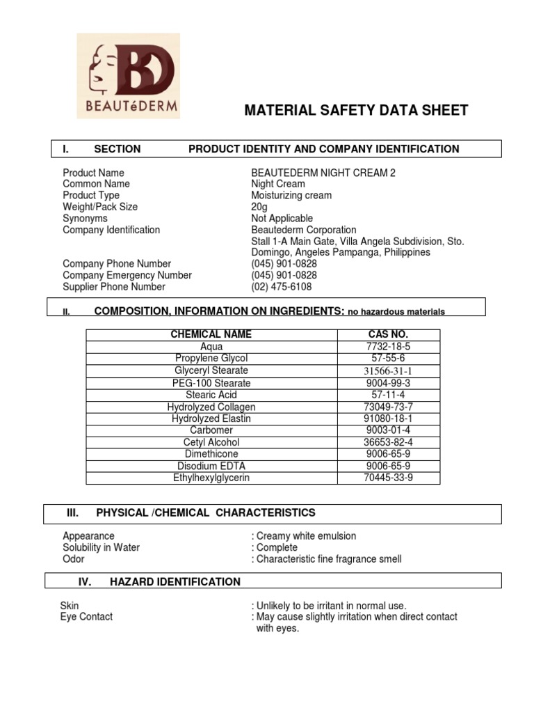 Material Safety Data Sheet - Beautederm SET/KIT | PDF | Water ...