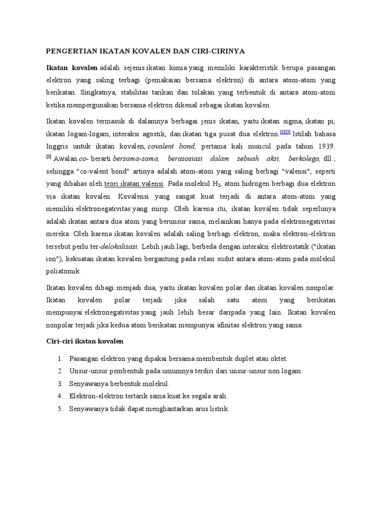Pengertian Ikatan Kovalen Dan Ciri | PDF
